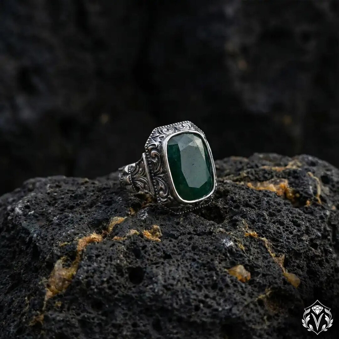 Handmade Emerald Signet Ring: Silver Men's Jewelry, Hand Carved Floral ...