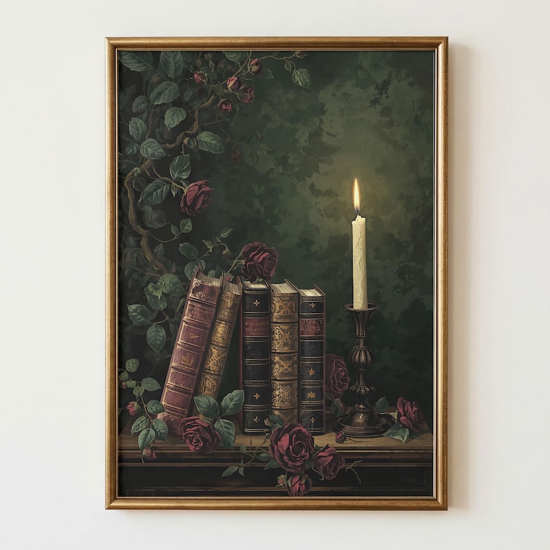 Candle Book Wall Art, Dark Academia Print, Gothic Library Poster ...