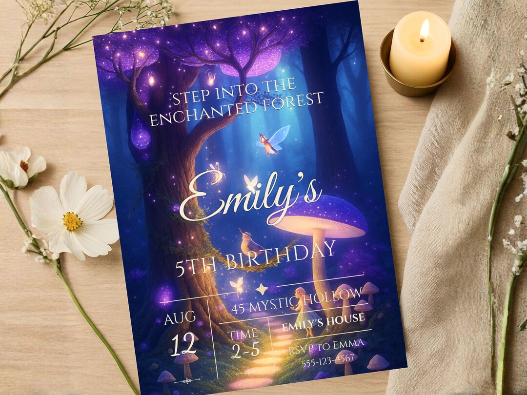 Enchanted Forest Glow Fairy Birthday Invitation • Purple Magical Party ...