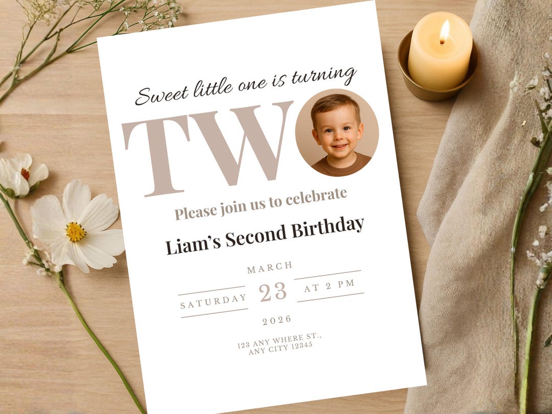 Second Birthday Photo Invitation | TWO Party Invite | Soft Beige ...