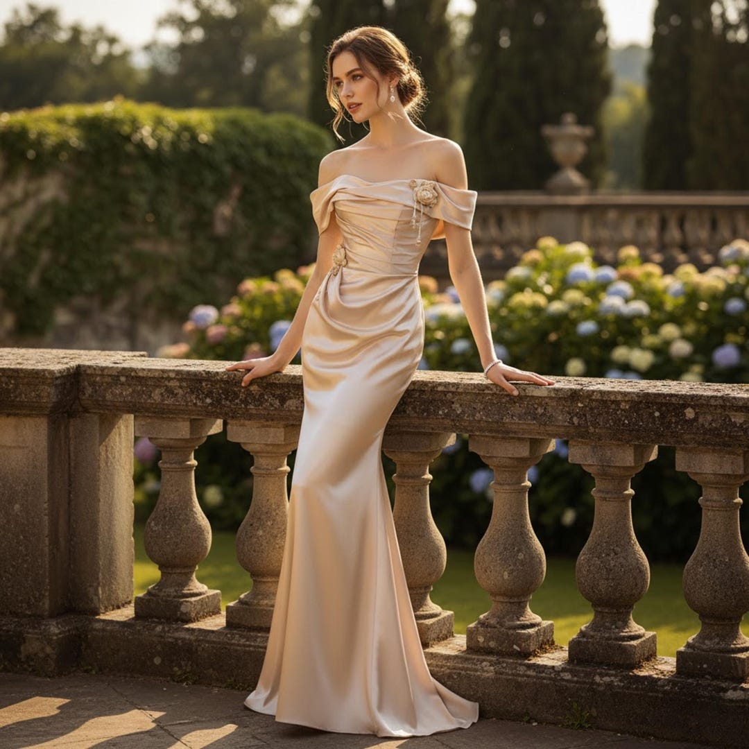Vestido de dama de honor color champán satinado – Vestido largo con ...