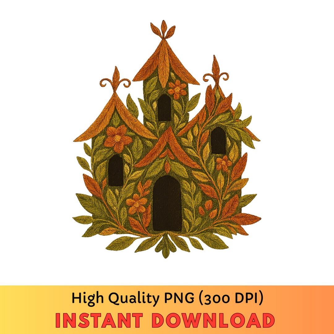 Faux Embroidery PNG Floral House, Beautiful Autumn House Pattern, Cozy ...