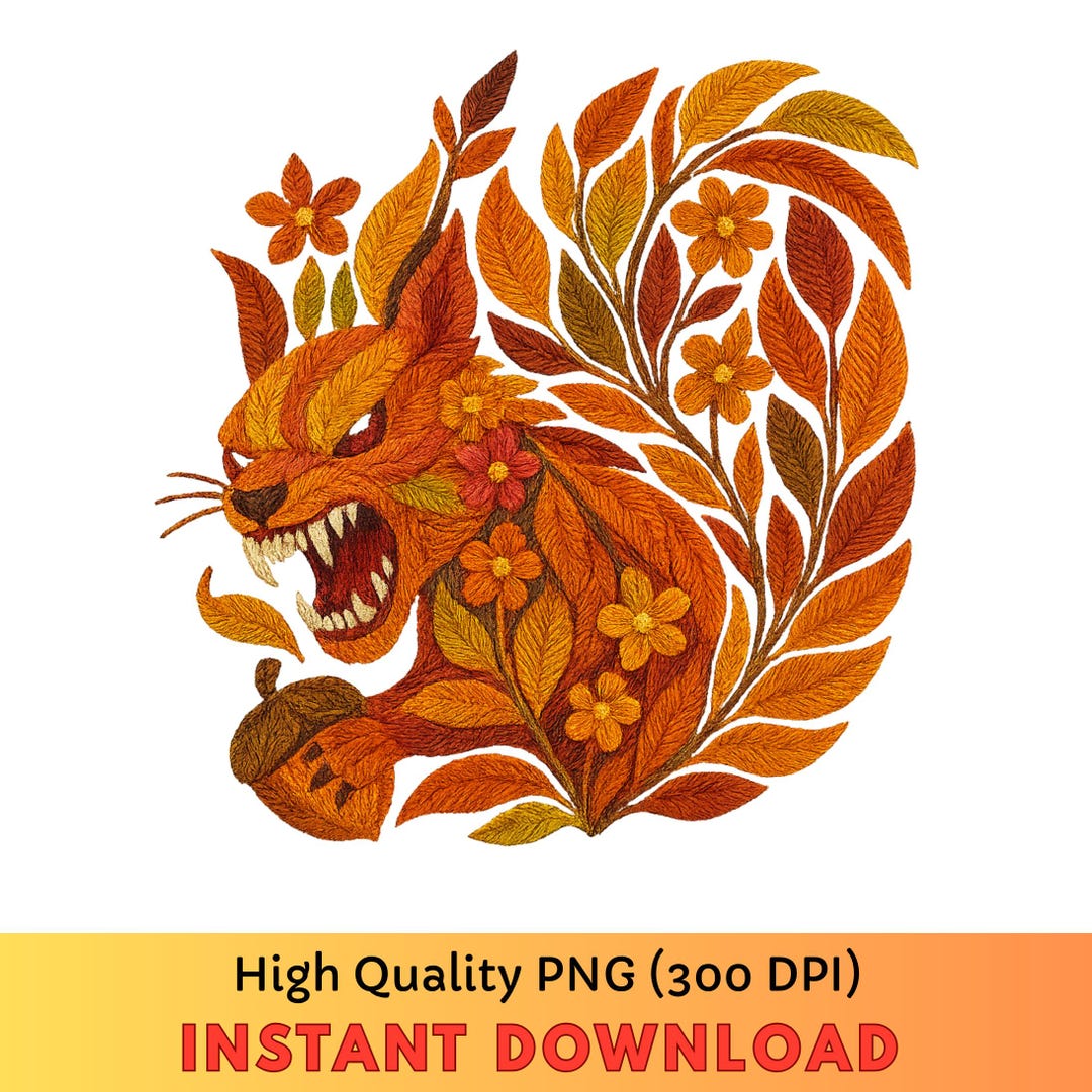 Faux Embroidery PNG Scary Squirrel, Fierce Squirrel Pattern, Autumn ...