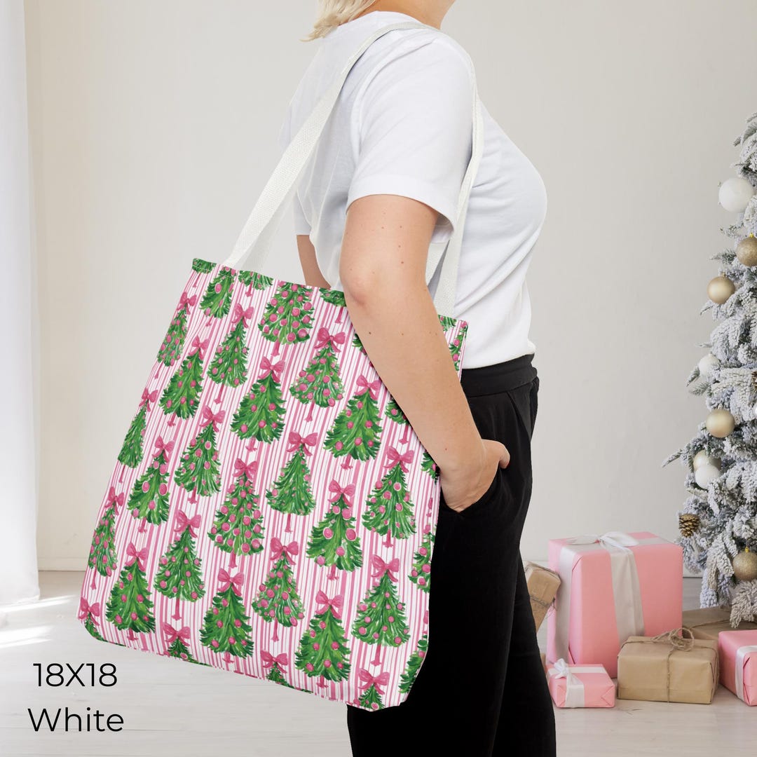 Personalized Pink Christmas Tree Tote Bag | Custom Monogram Canvas ...