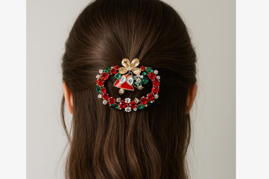 Christmas Wreath Barrette – Red Green Rhinestone Holiday Hair Clip - Etsy