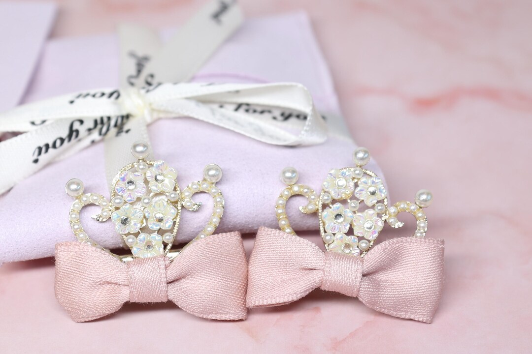 Pearl Crown Hair Clips Set • Pink Bow, Crystal Tiara Barrettes - Etsy