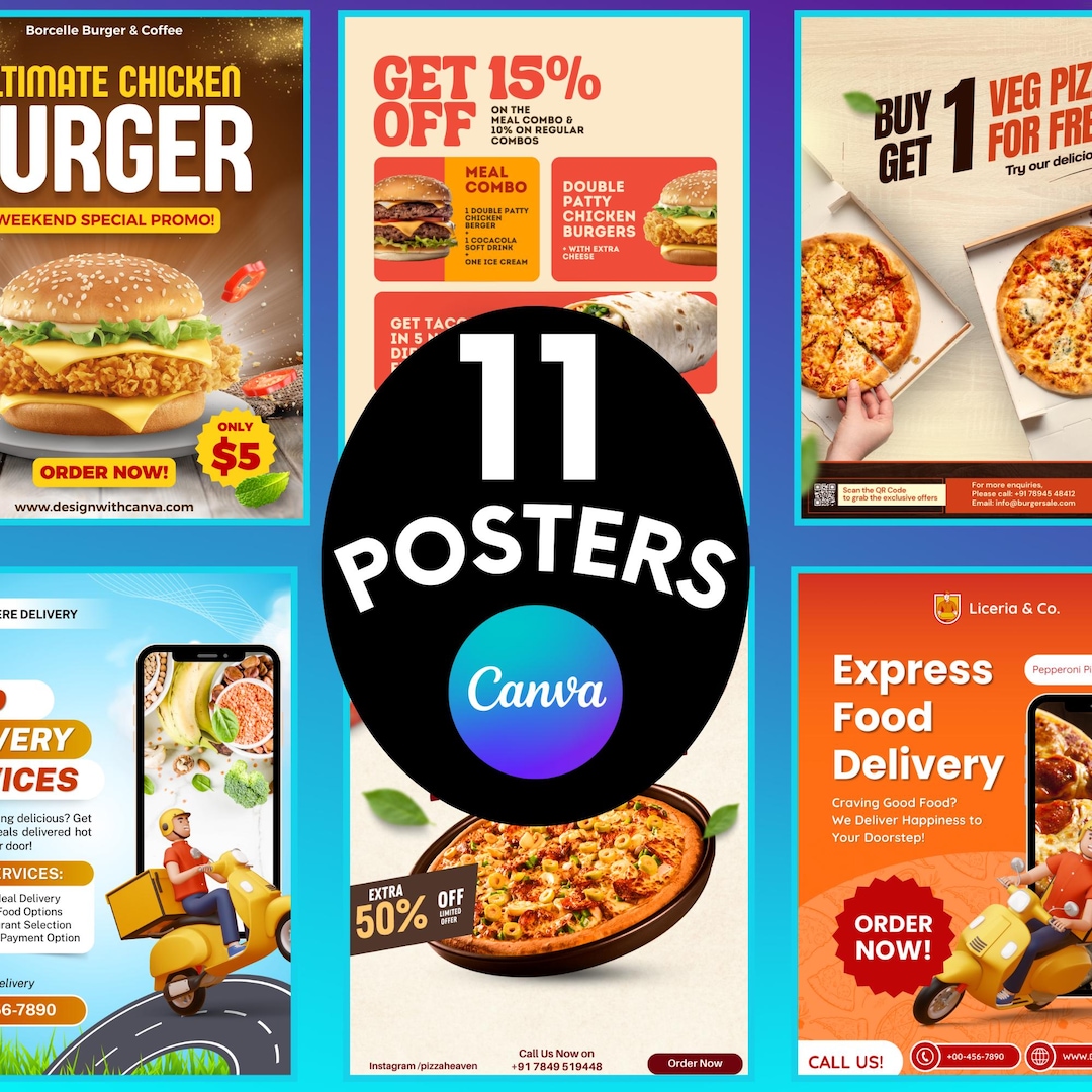 11 Fast Food Posters Bundle | Canva Editable Restaurant Promo Posters ...