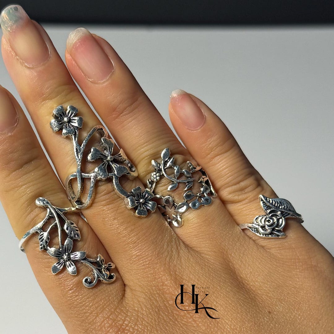 Fairycore Punk Vintage Goth Boho Jewelry 4pcs Floral Rings Set for ...