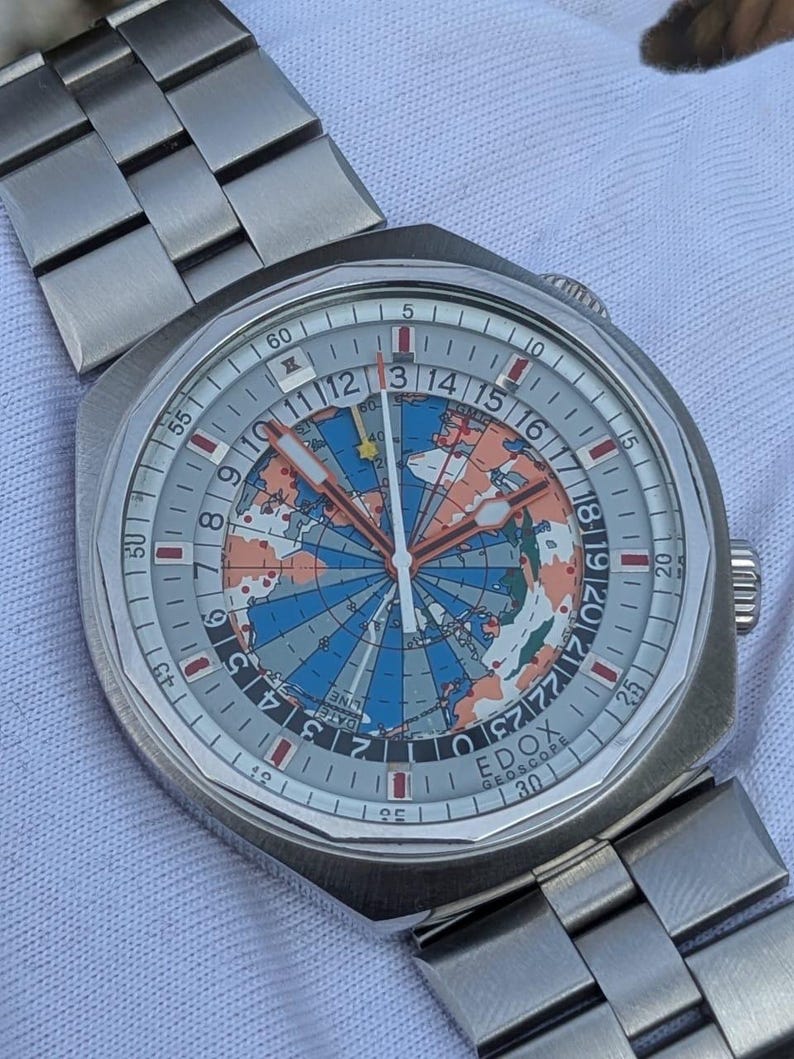 Edox Geoscope Automatic Watch, World Map Dial, Stainless Steel - Etsy