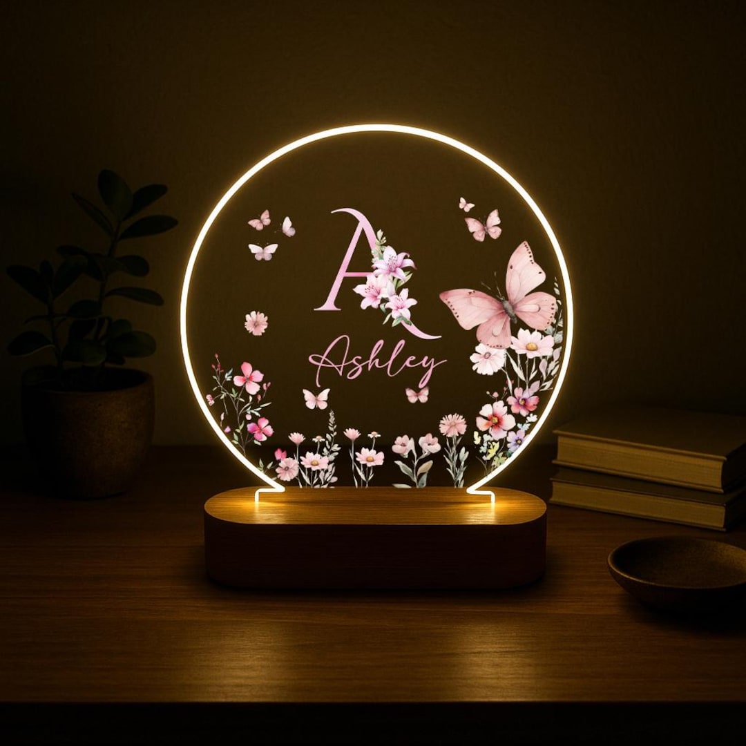 Personalized Name Night Light, Butterfly Flower LED Lamp, Custom ...