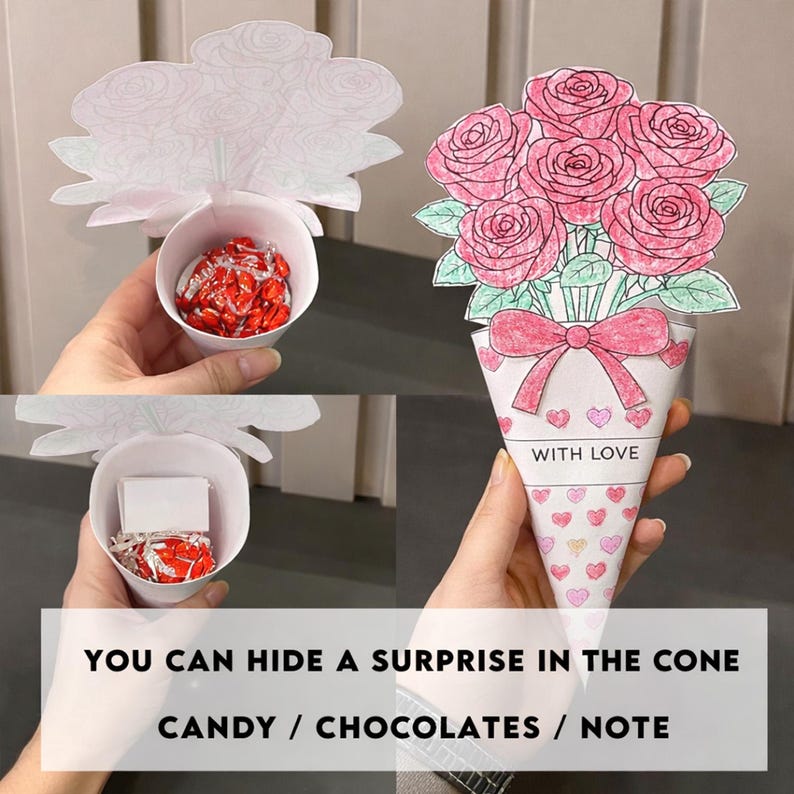 Coloring Flower Cones Craft | Printable Kids Bouquet Gift | Valentine’s ...