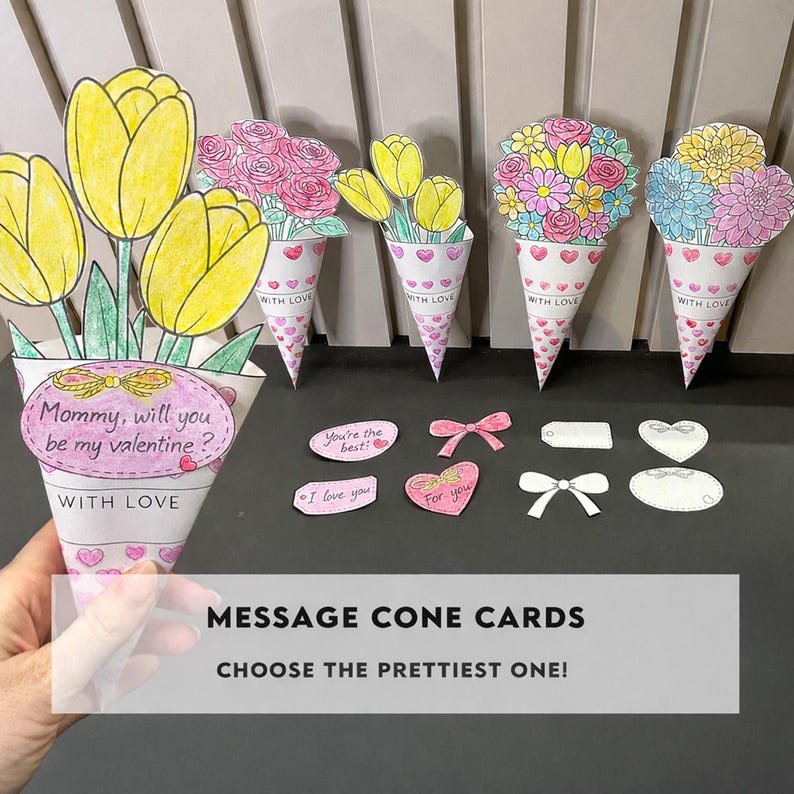 Coloring Flower Cones Craft | Printable Kids Bouquet Gift | Valentine’s ...