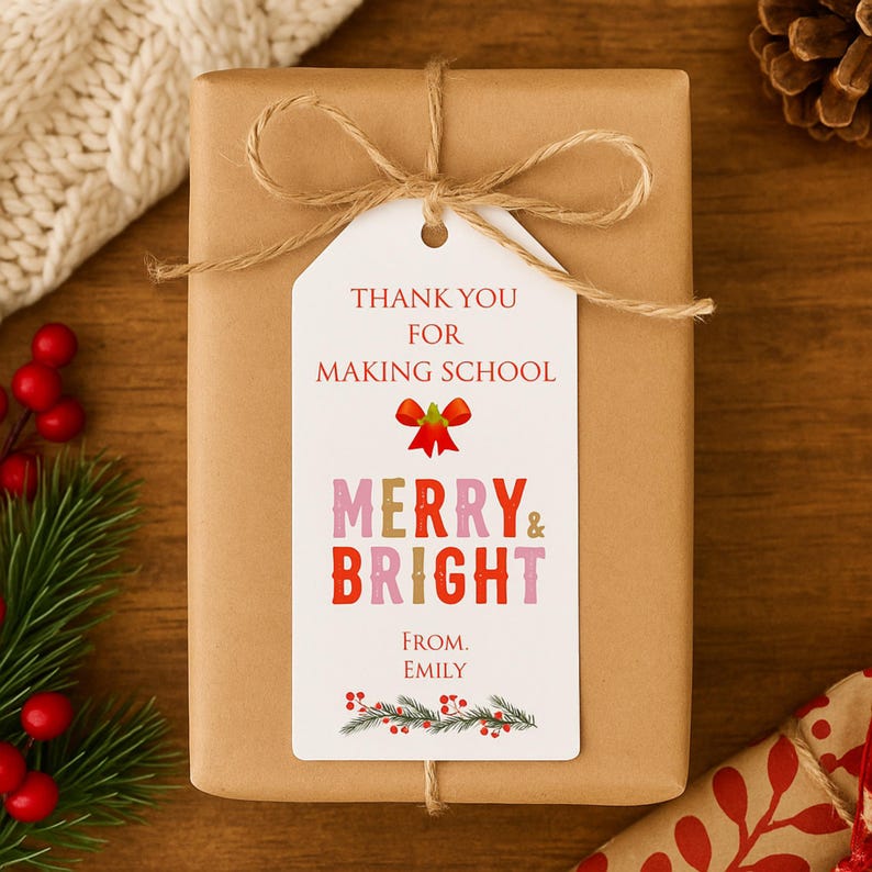 Christmas Teacher Gift Tag Template – Editable Canva Merry & Bright Tag ...