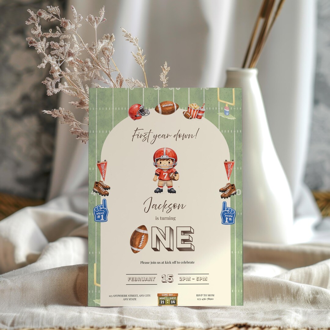 Football First Birthday Invitation, Editable Canva Template (digital ...