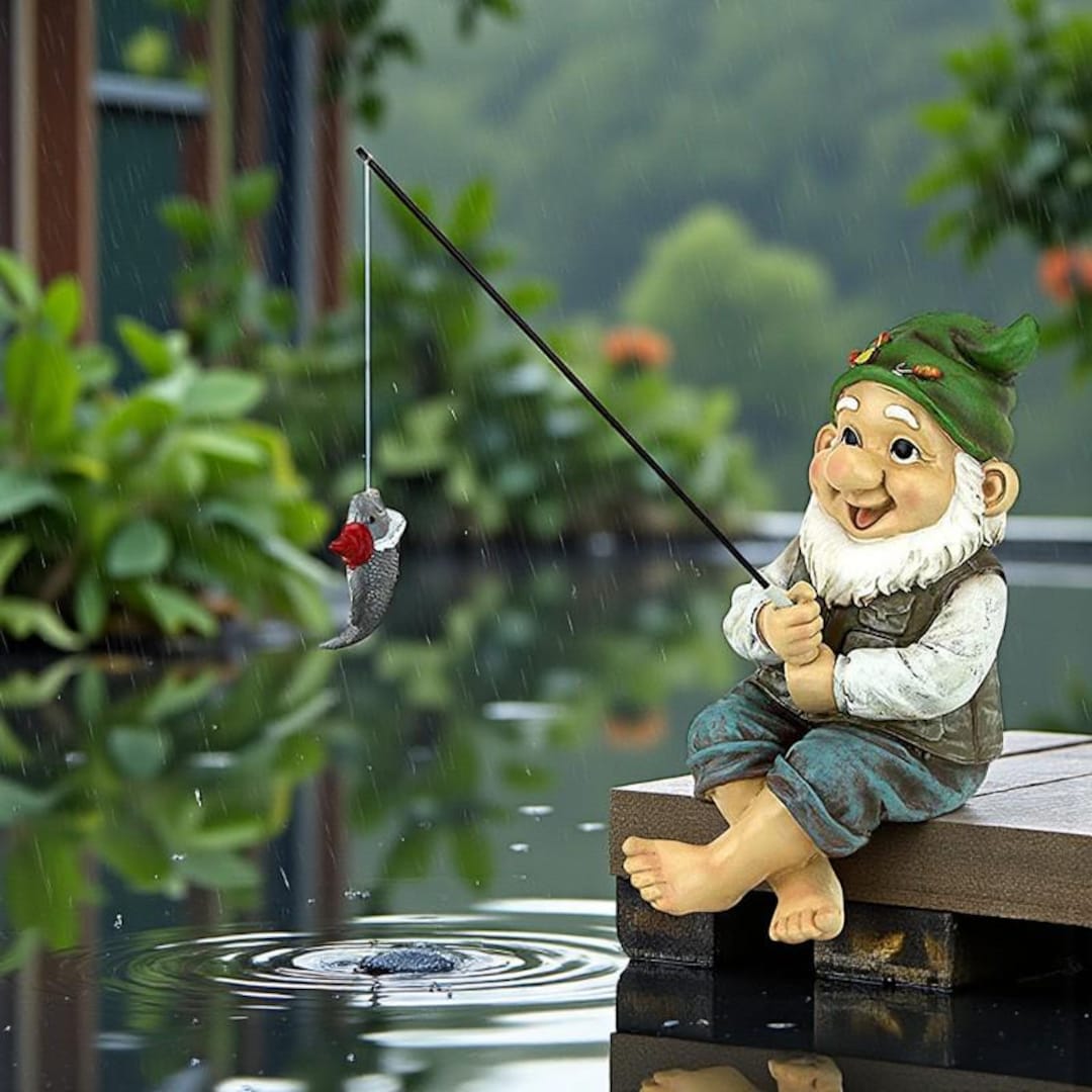 Fishing Garden Gnome | Outdoor Pond Decor, Lawn Ornament - Etsy