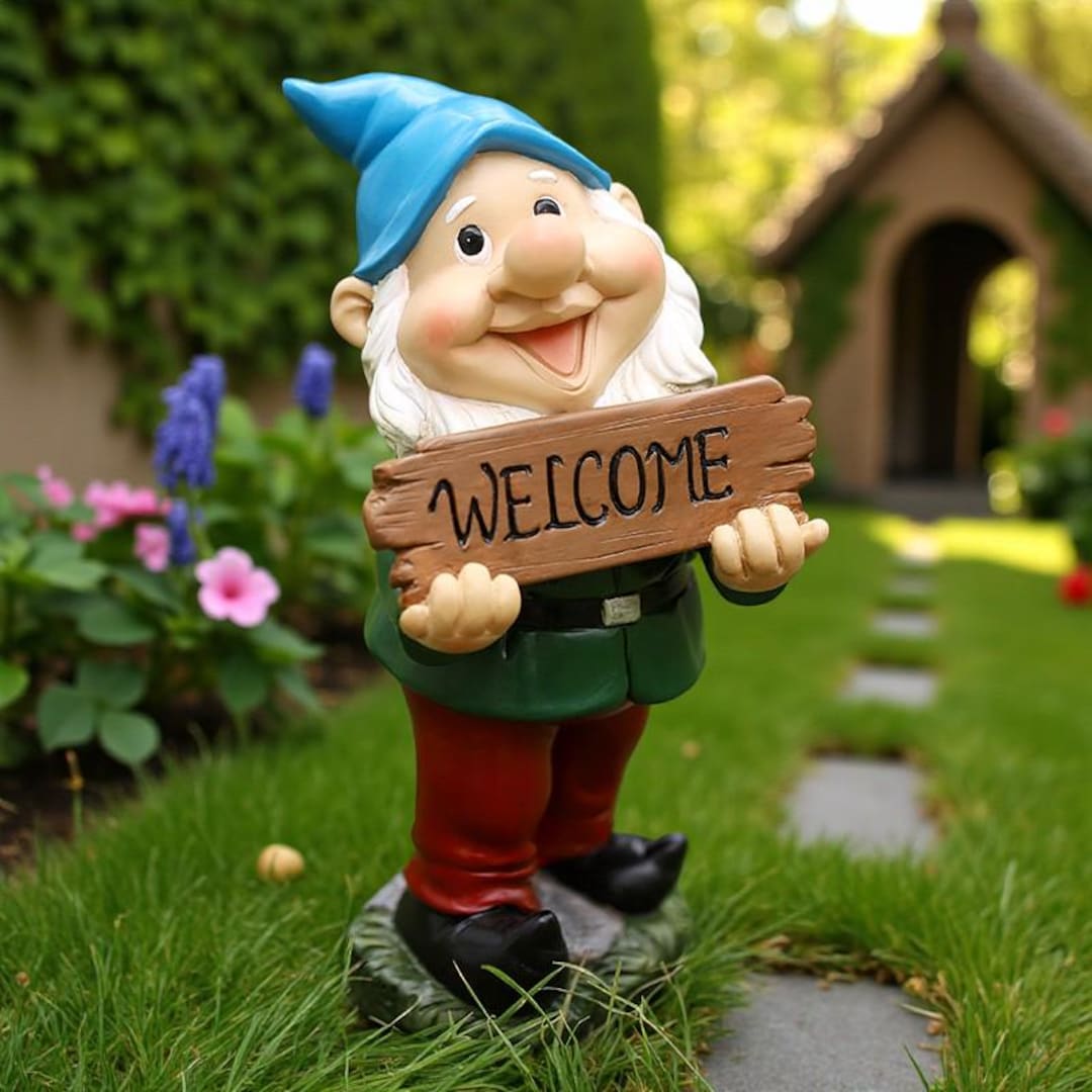 Smiling Garden Gnome With Welcome Sign | Resin Outdoor Decor - Etsy