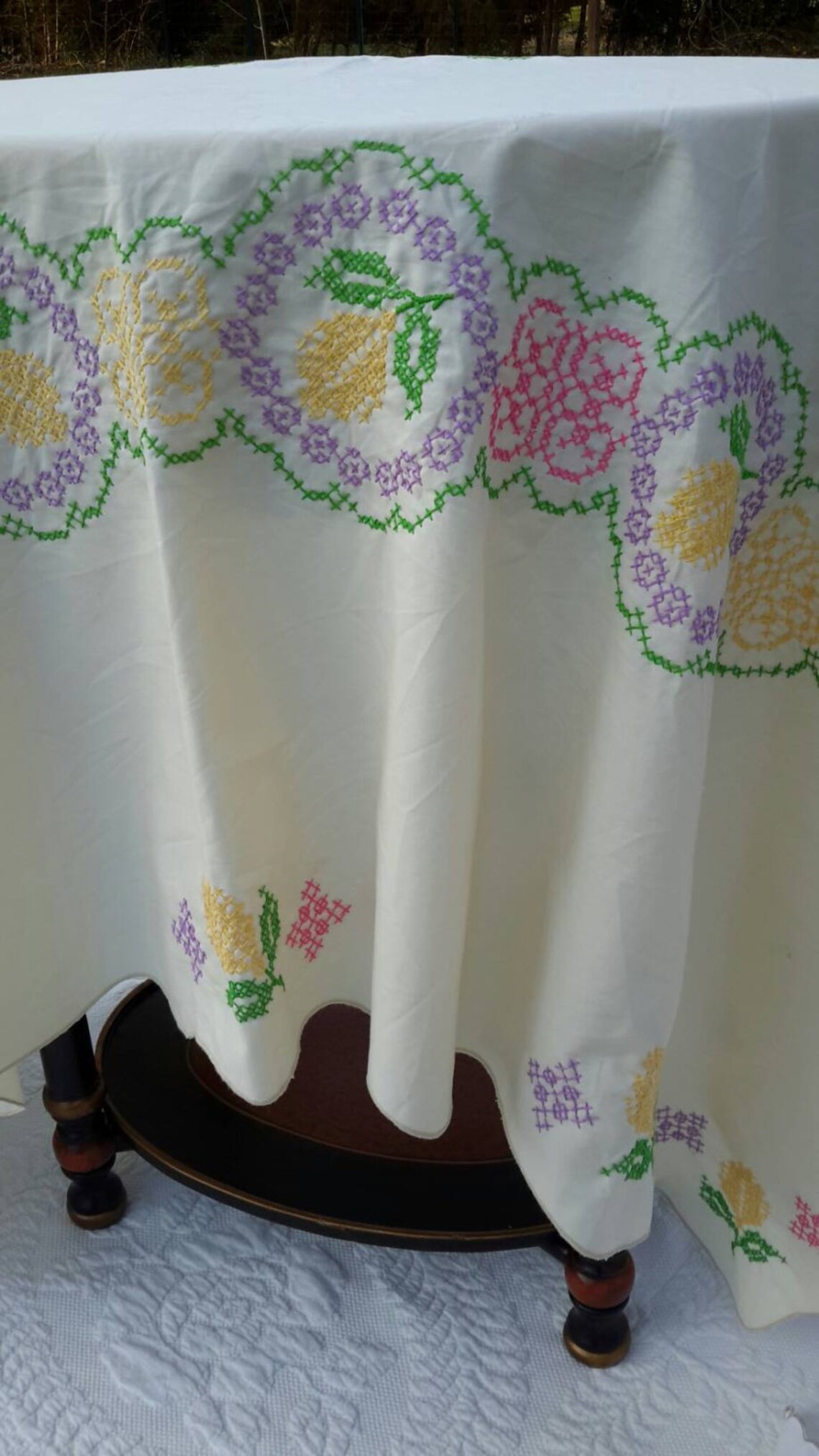 Tablecloth Embroidered Spring Press Taupe Scalloped Edge Wash - Etsy