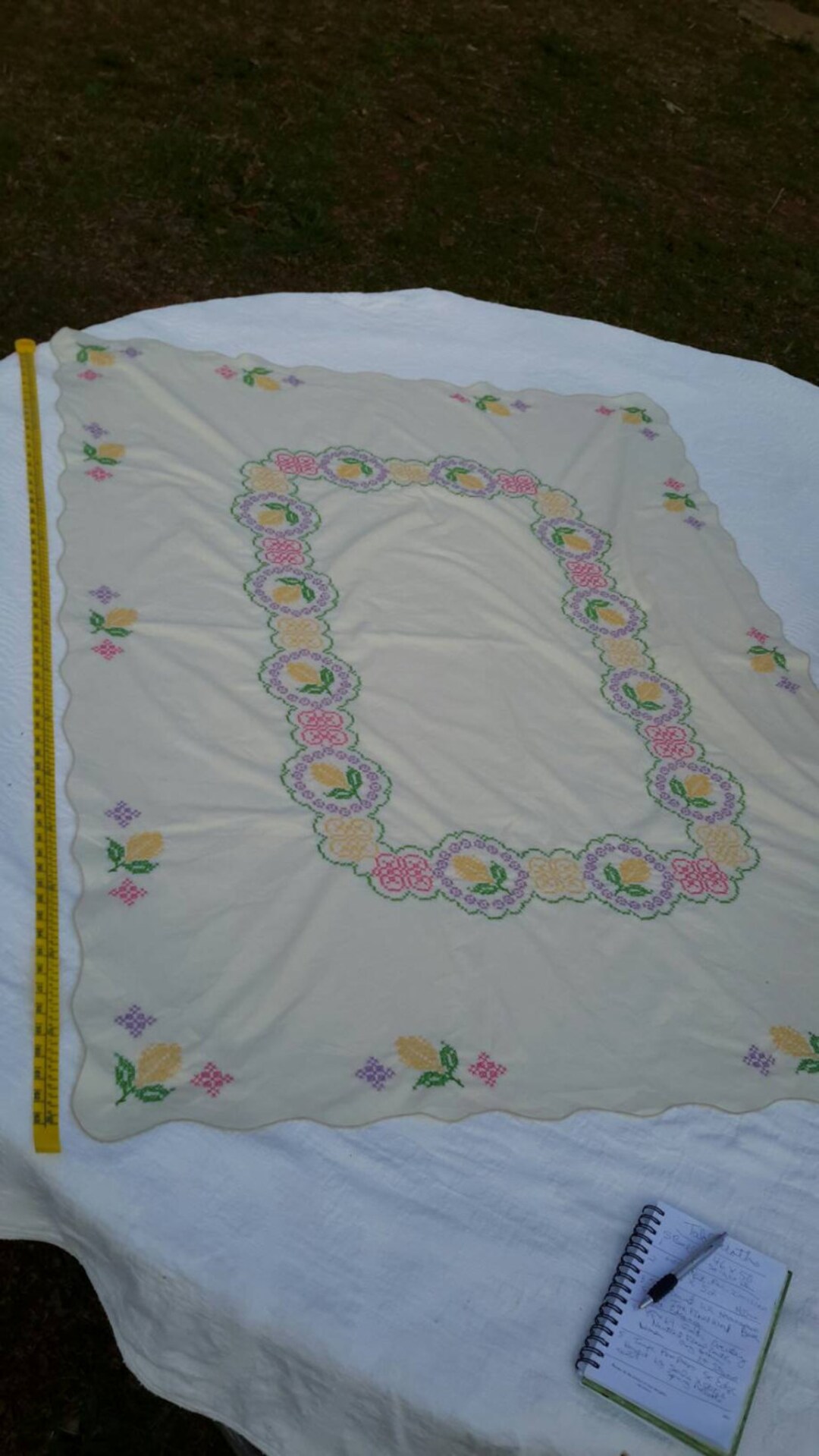 Tablecloth Embroidered Spring Press Taupe Scalloped Edge Wash & Wear ...