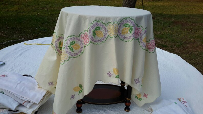 Tablecloth Embroidered Spring Press Taupe Scalloped Edge Wash - Etsy