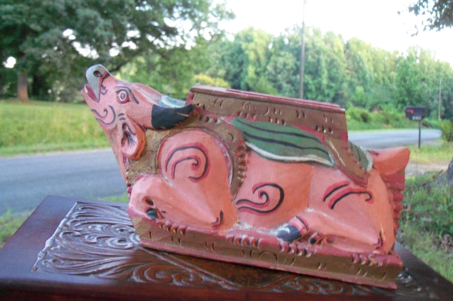 Wooden Oxen Totem Figural Art Pink Cow Carving Base Statue or - Etsy