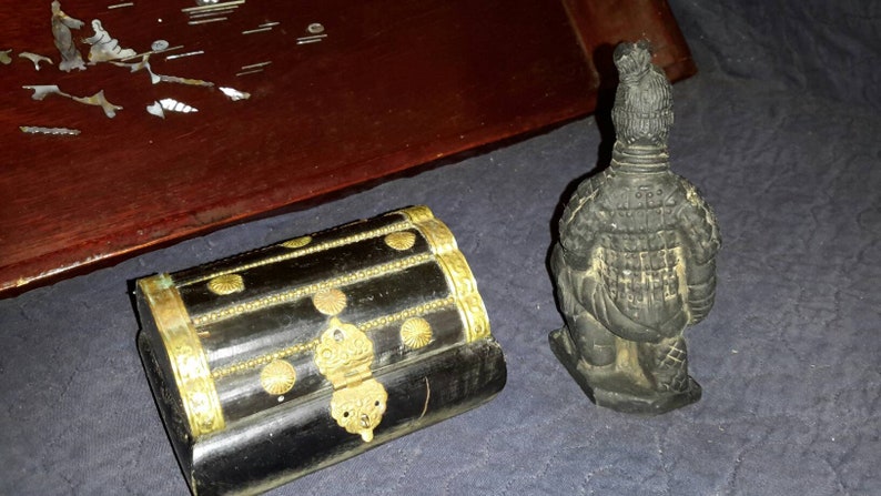 Bone & Brass Chest With Samurai Carved Figurine Vintage Asian Decor ...