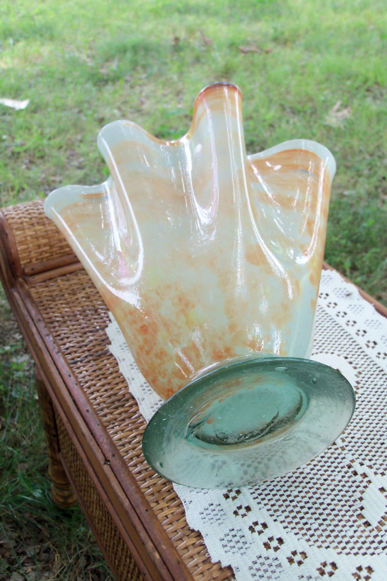 Art Glass Clamshell Vase Ivory With Salmon Seaglass Base Hand | Etsy