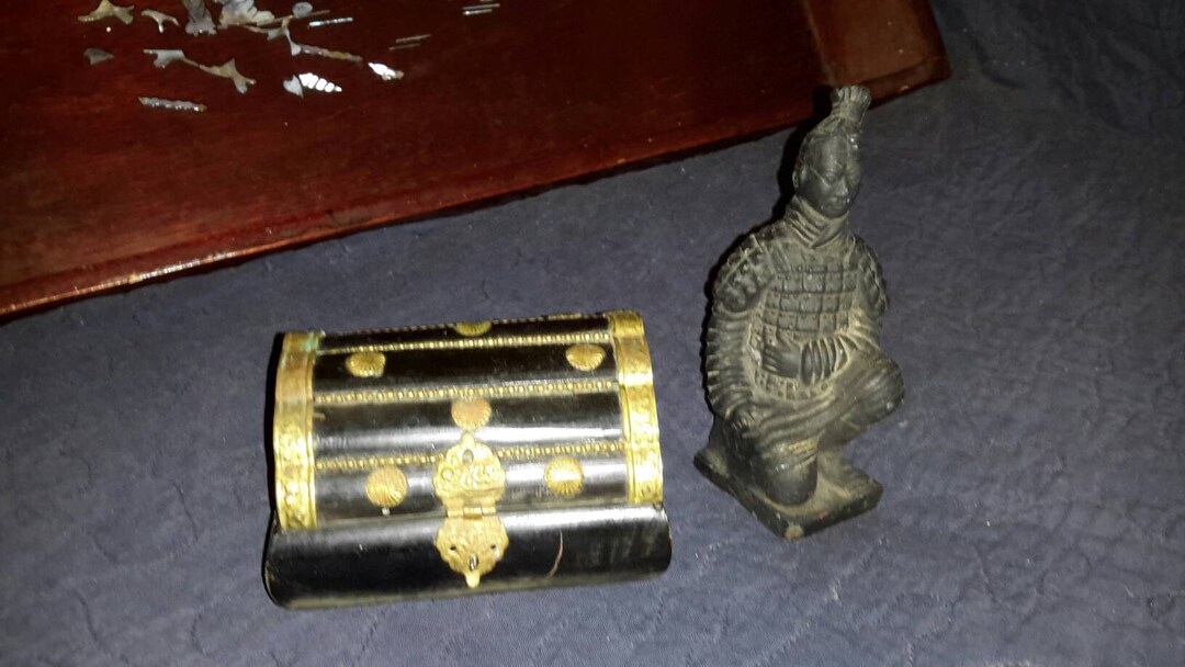 Bone & Brass Chest With Samurai Carved Figurine Vintage Asian Decor ...