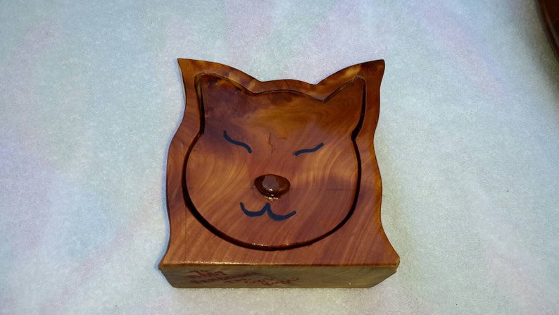 Puzzle Box Cat Face Hidden Compartment Treen Art Find Handmade - Etsy