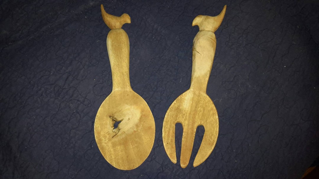 Carved Wooden Paddle & Fork Bird Art Treen Find Vintage Useful Classic ...