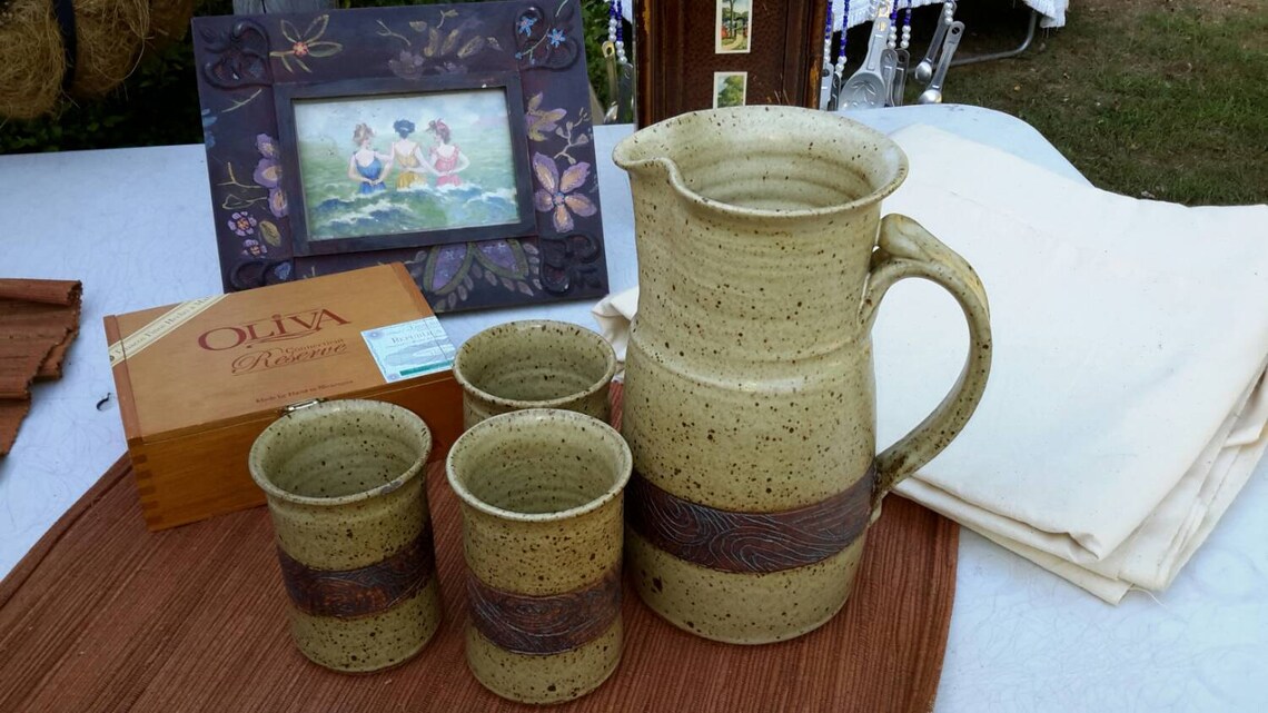 Pottery Pitcher With Tumblers Asian Stylings Sturdy Slim Terra - Etsy