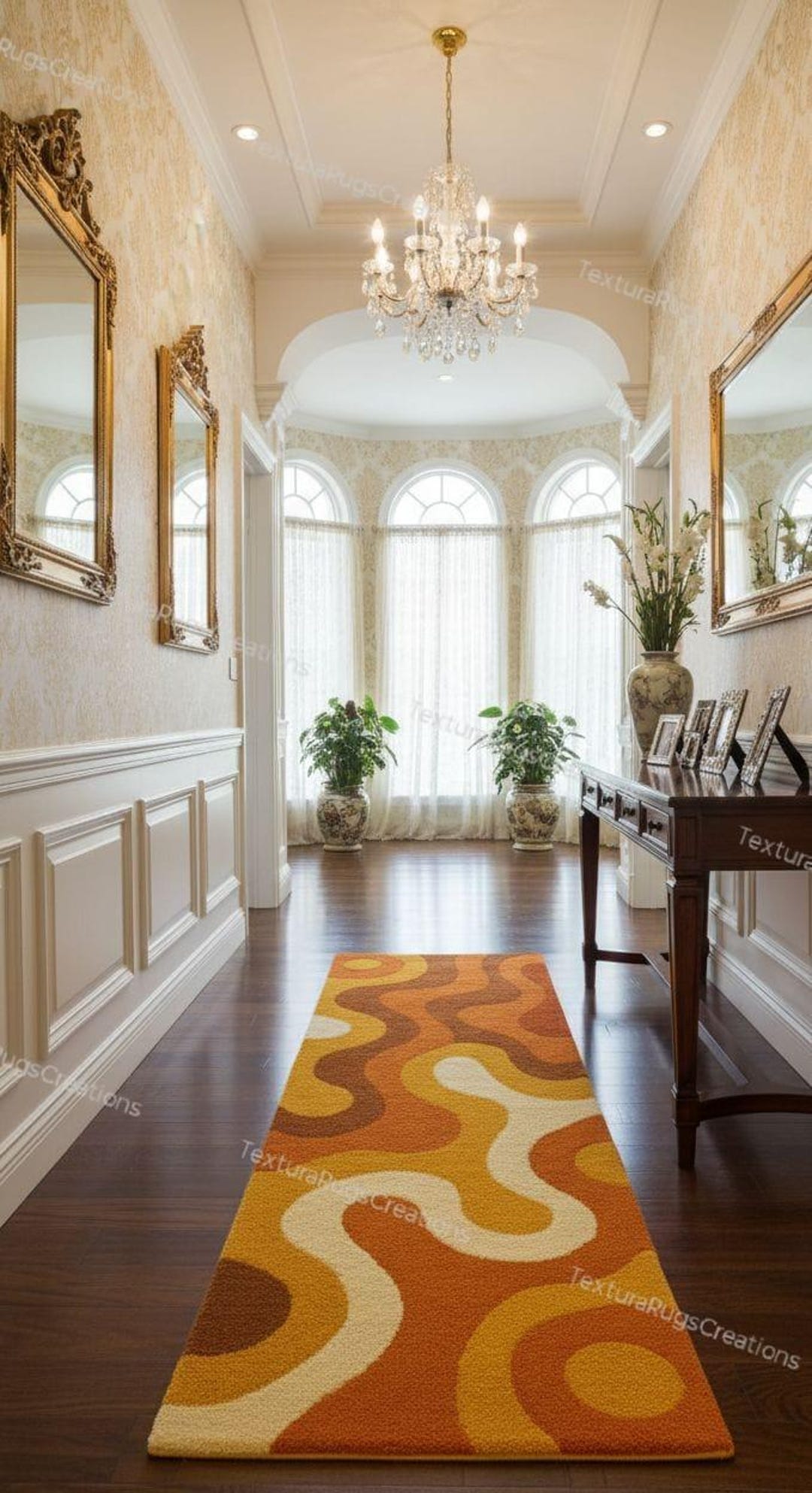 Retro Wave Pattern Hand-tufted Runner Rug | Orange, Yellow & Cream Wool ...