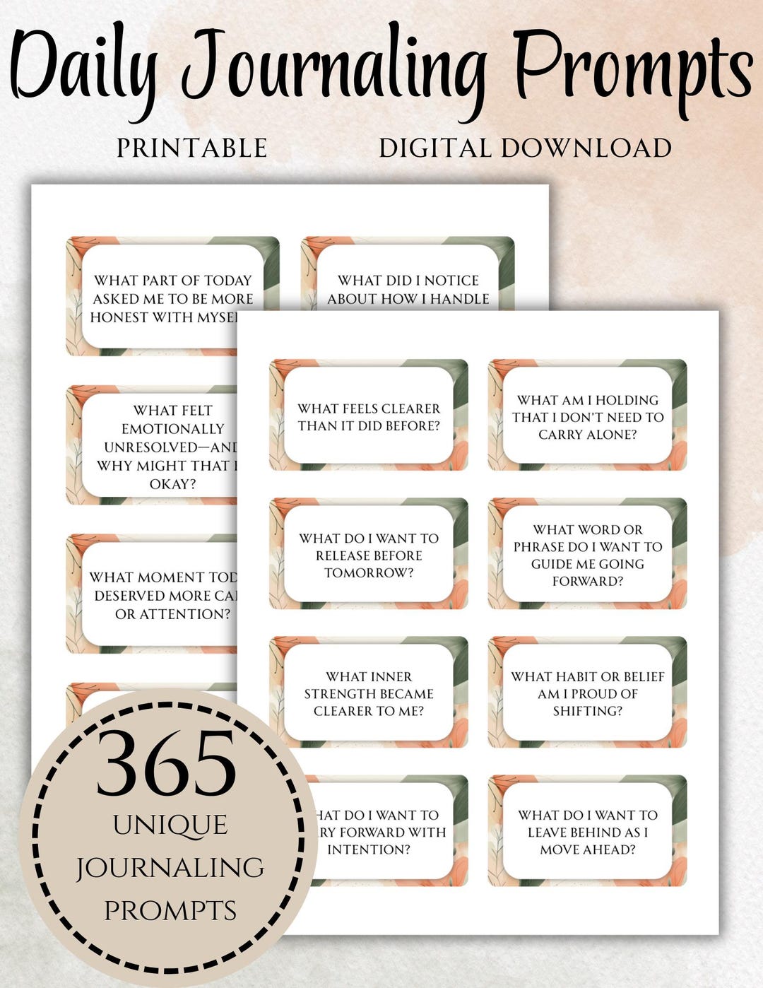 365 Daily Journal Prompt Cards Printable | Year of Reflection & Self ...