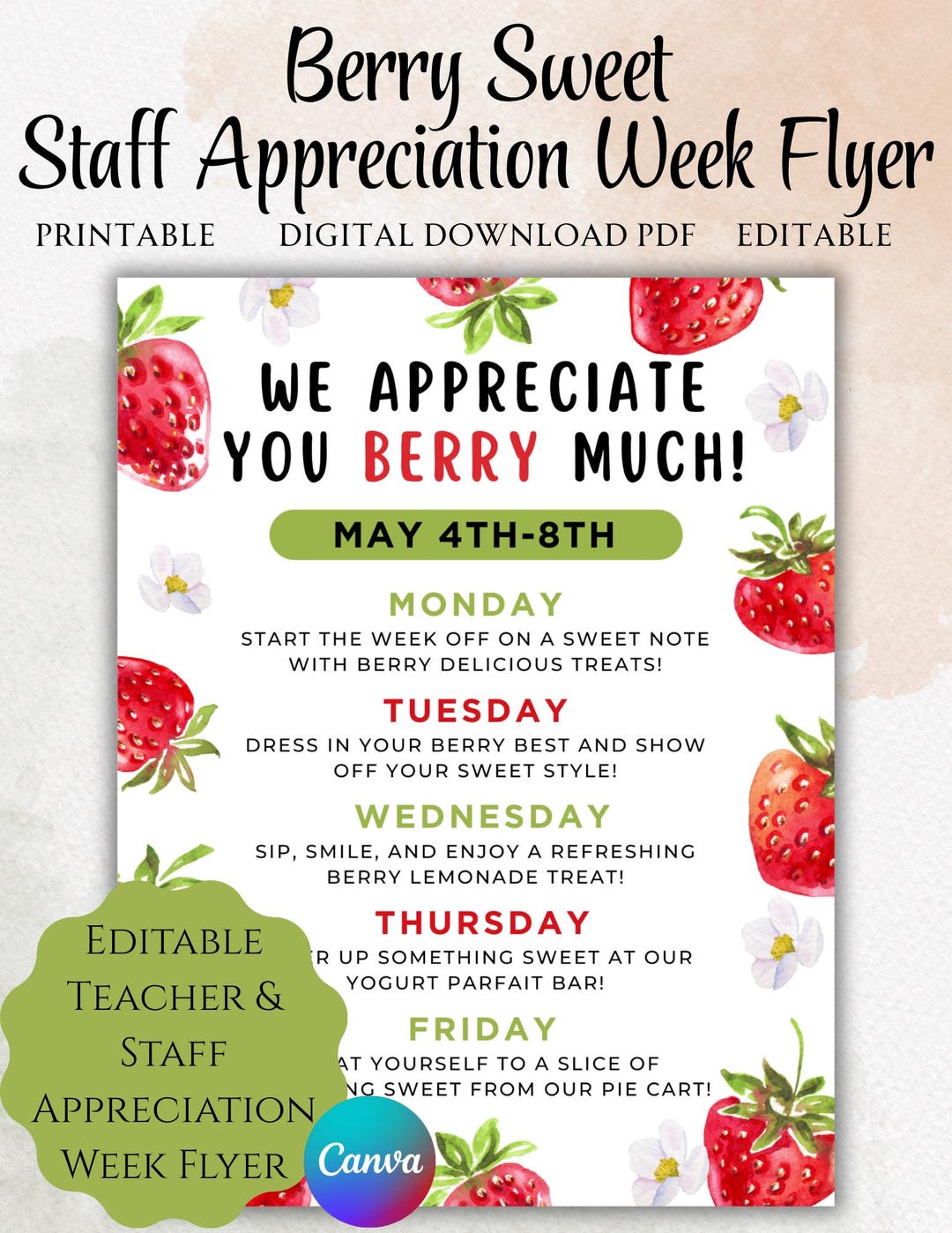 Berry Theme Staff Appreciation Week Flyer | Editable Canva Template ...