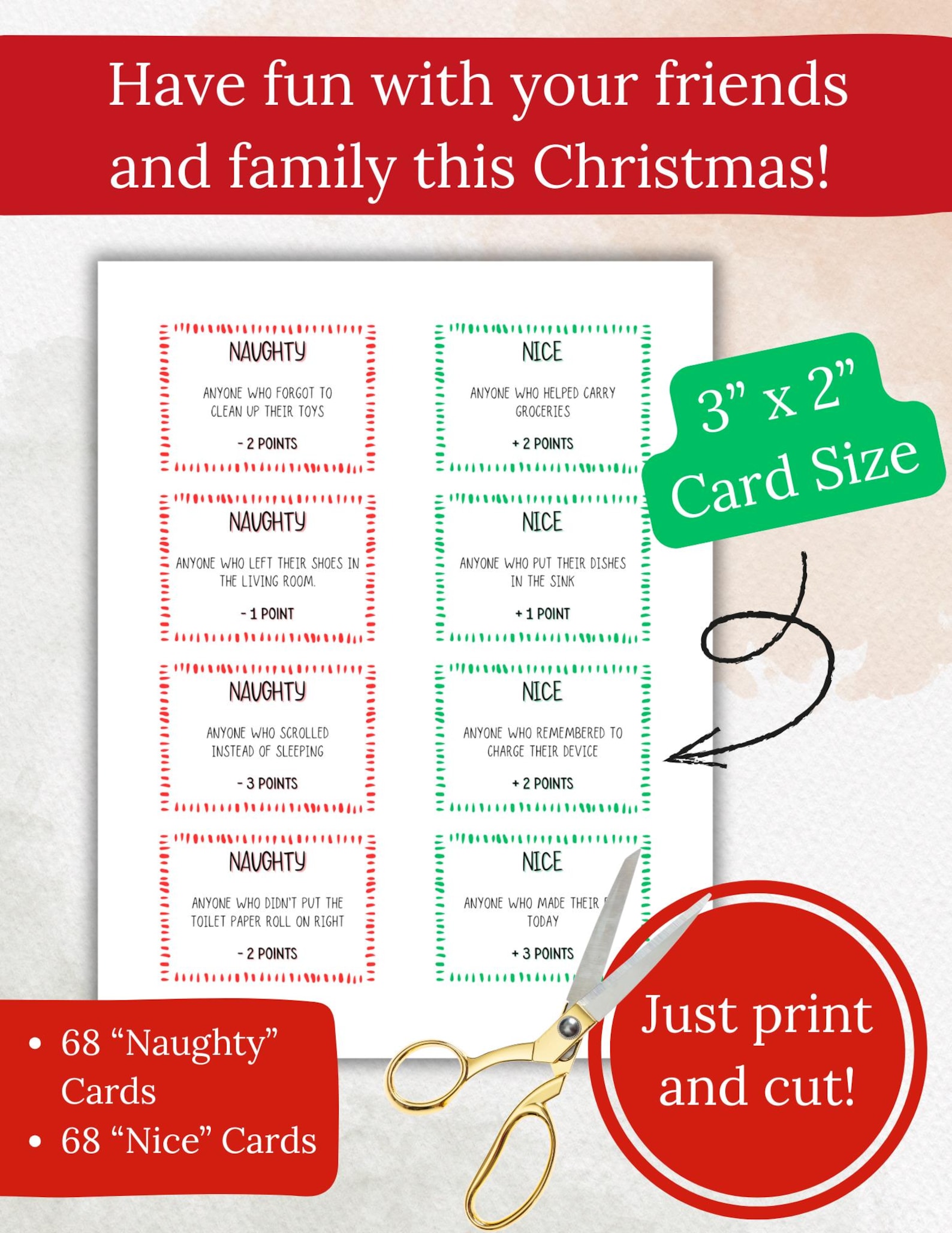 Christmas Naughty Vs Nice Game | 136 Printable Cards | Family Holiday ...