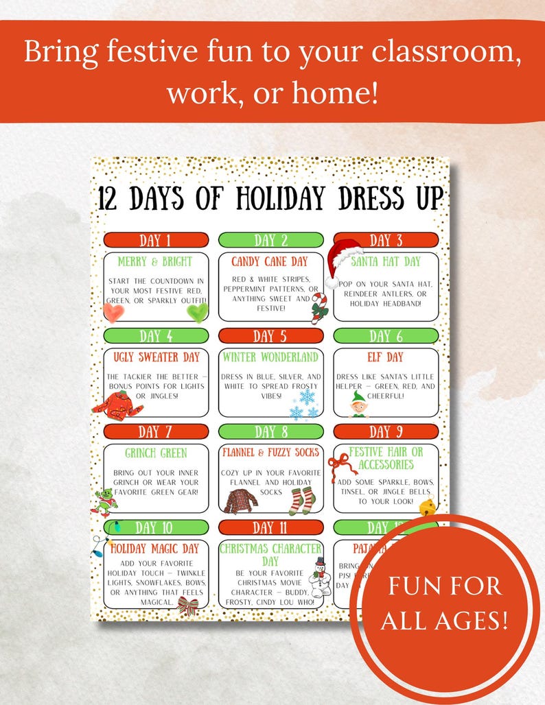 12 Days of Holiday Dress up | Editable Christmas Spirit Week Printable ...