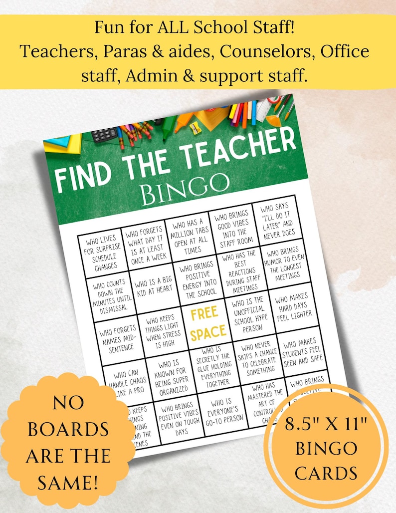 Find the Teacher Bingo Game for Schools | Funny Teacher & School Staff ...