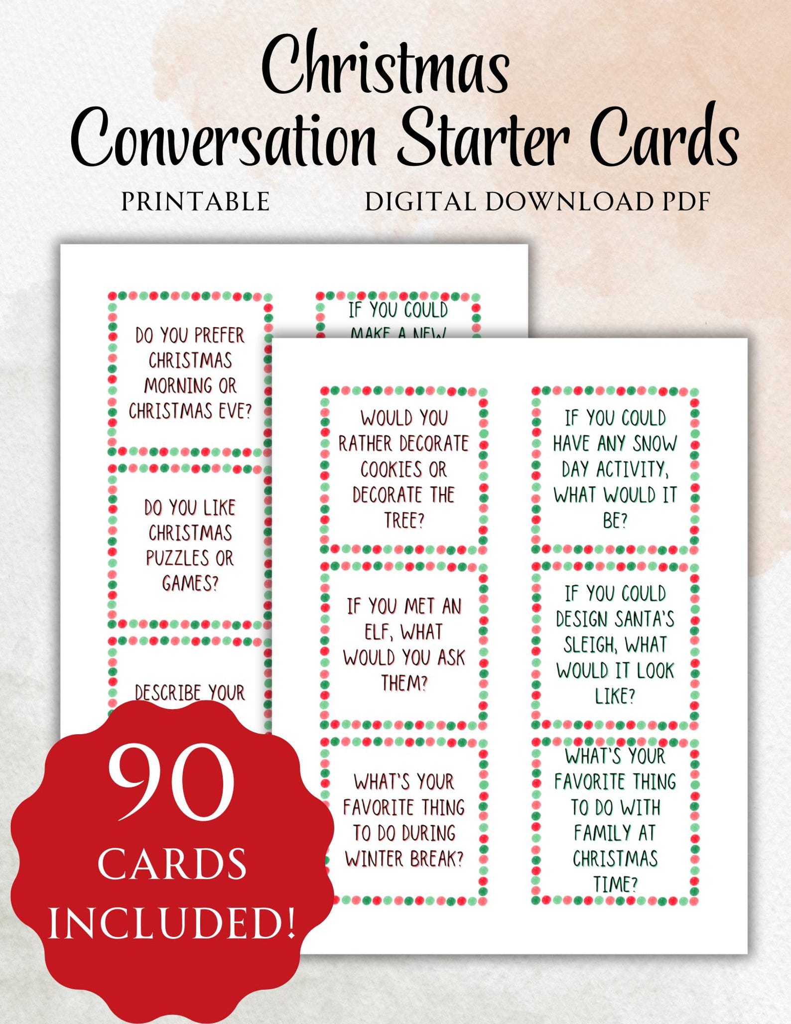Christmas Conversation Starter Cards Printable | 90 Holiday Icebreaker ...