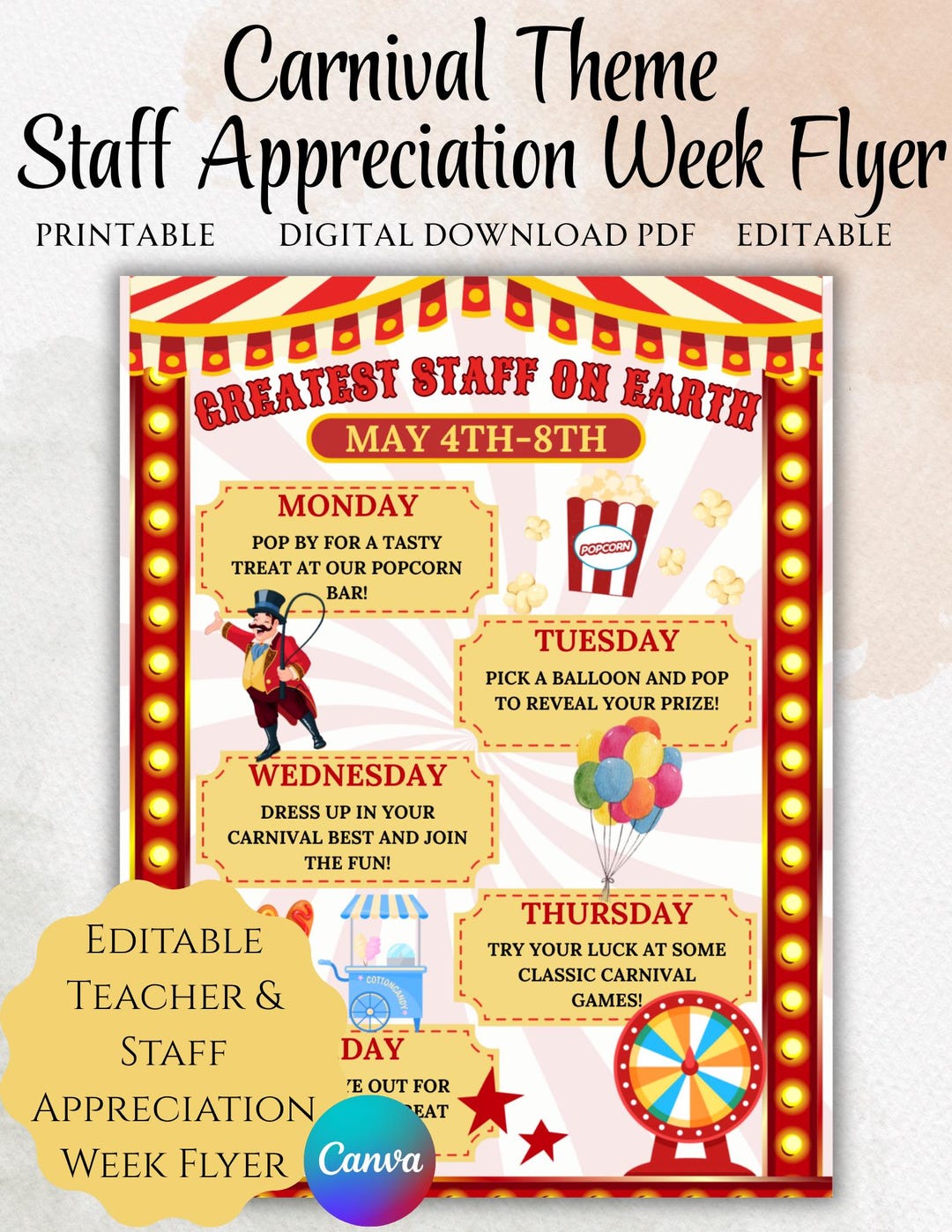 Staff Appreciation Week Flyer | Carnival Theme Teacher Appreciation ...
