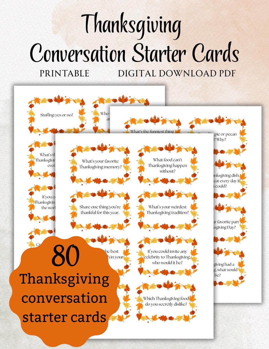 Thanksgiving Conversation Starter Cards Printable | Table Talk Game ...