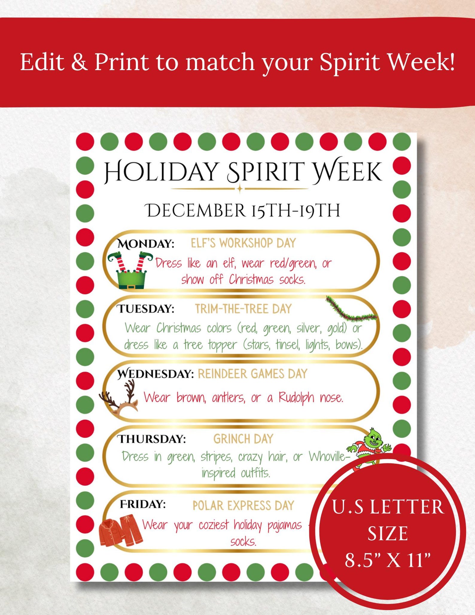 Editable Christmas Spirit Week Flyer | School Holiday Dress-up Days ...