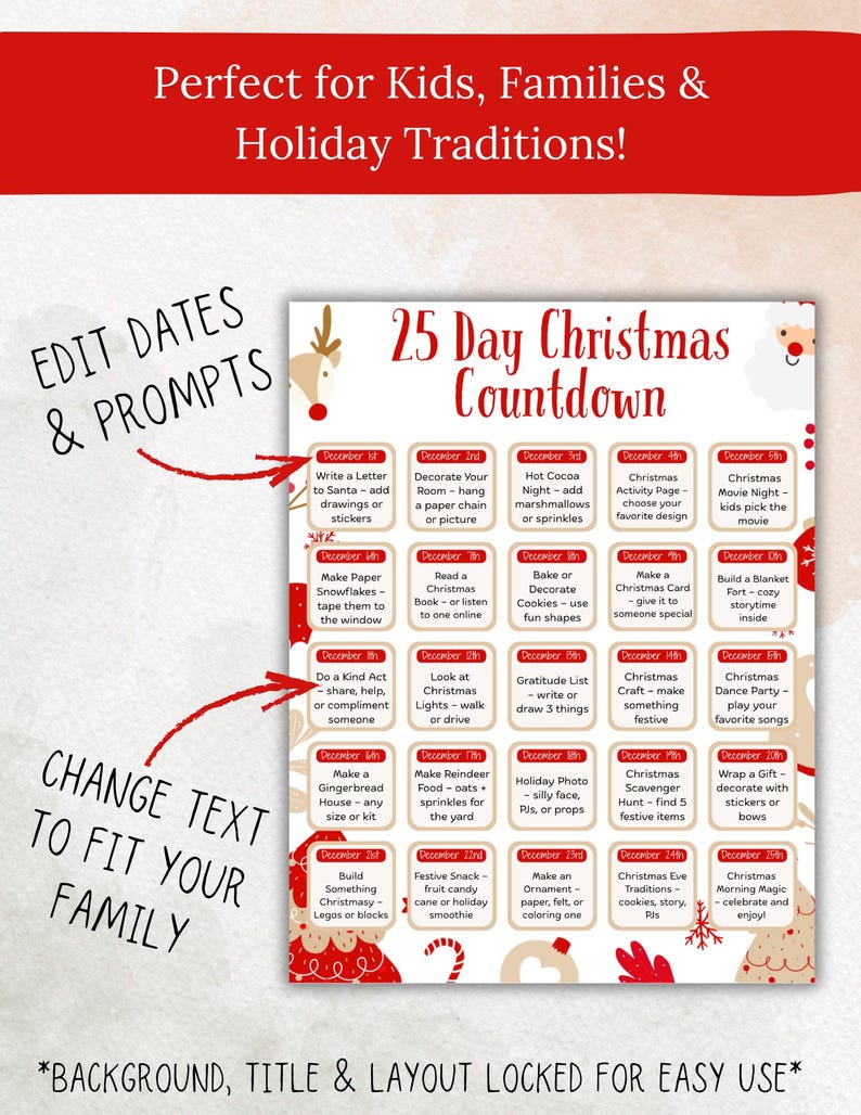 25 Day Christmas Countdown Printable | Editable Canva Advent Calendar ...