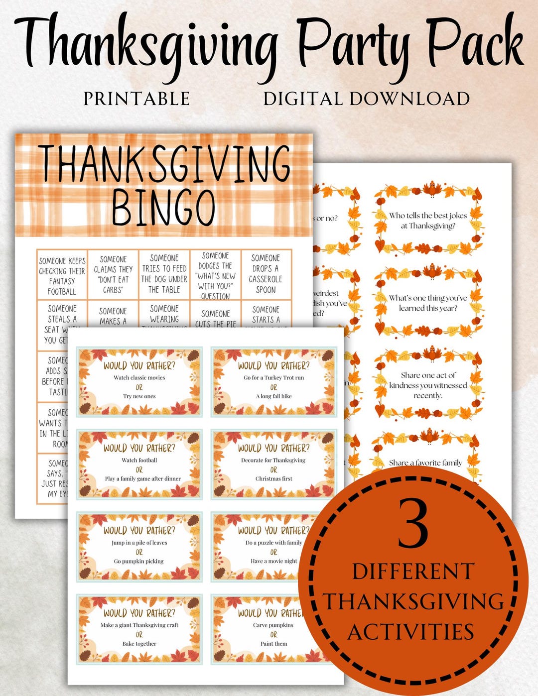 Thanksgiving Party Pack Printable Games | Thanksgiving Bingo, Would You ...