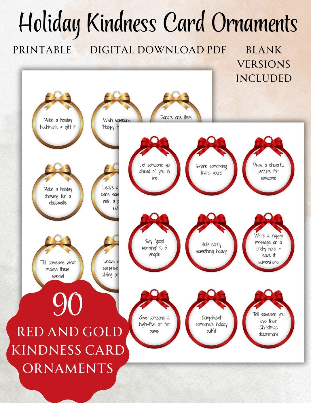 Holiday Kindness Ornaments • 90 Printable Cards • Red & Gold Christmas ...