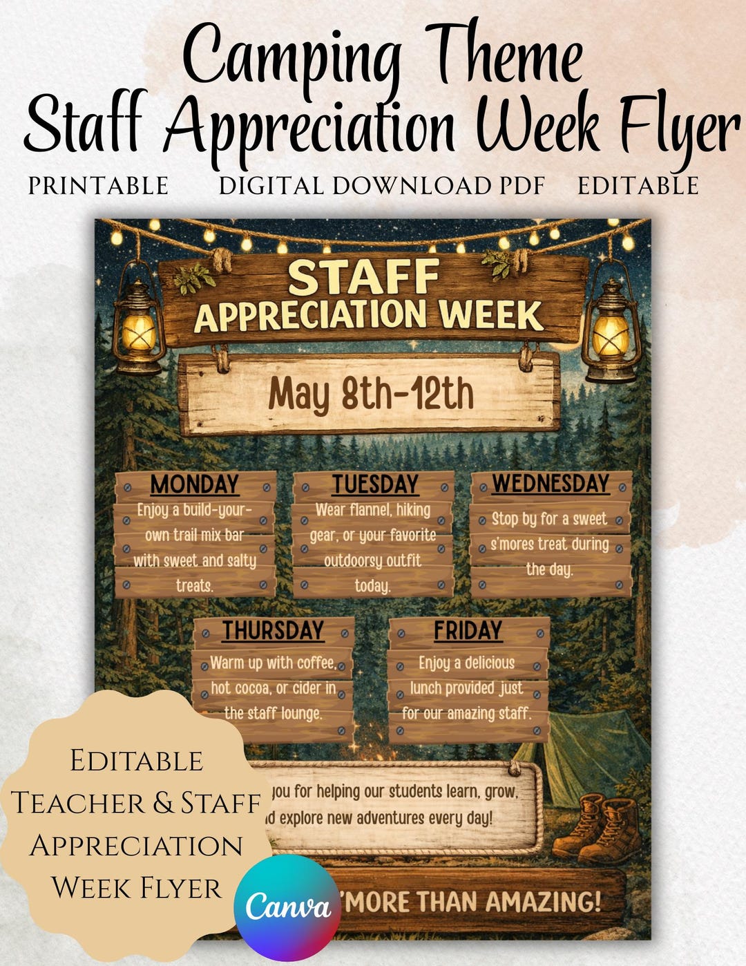 Staff Appreciation Week Flyer | Camping Theme Teacher Appreciation Week ...