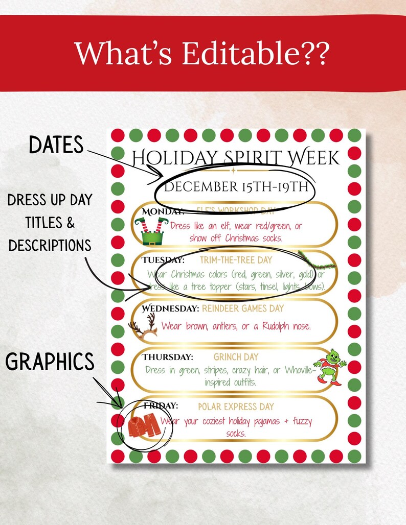 Editable Christmas Spirit Week Flyer | School Holiday Dress-up Days ...