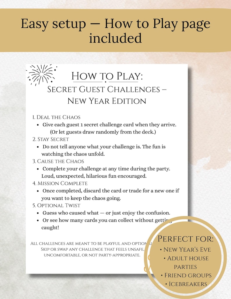 New Years Secret Mission Challenge Cards | Family Reunion Game | Funny ...