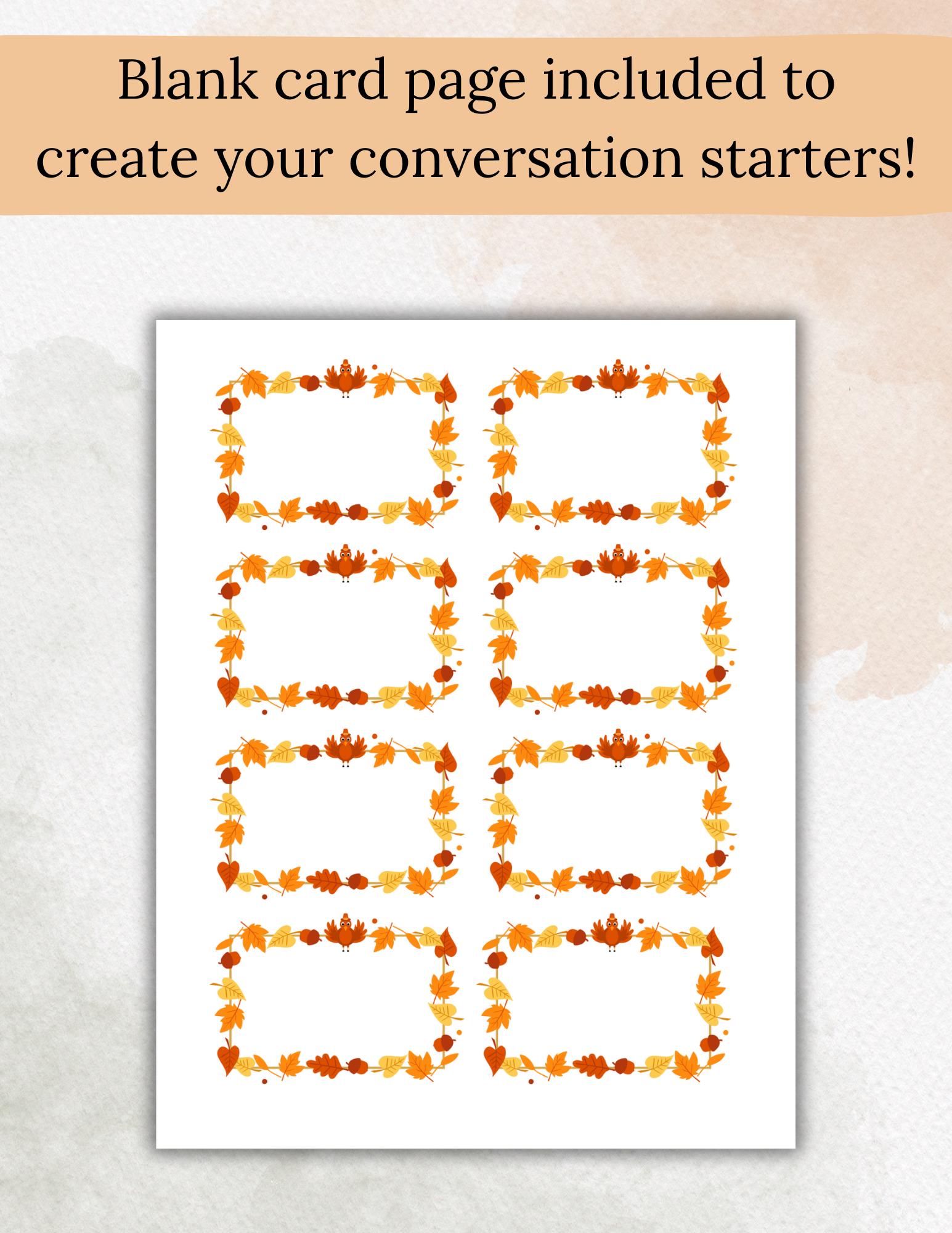 Thanksgiving Conversation Starter Cards Printable | Table Talk Game ...
