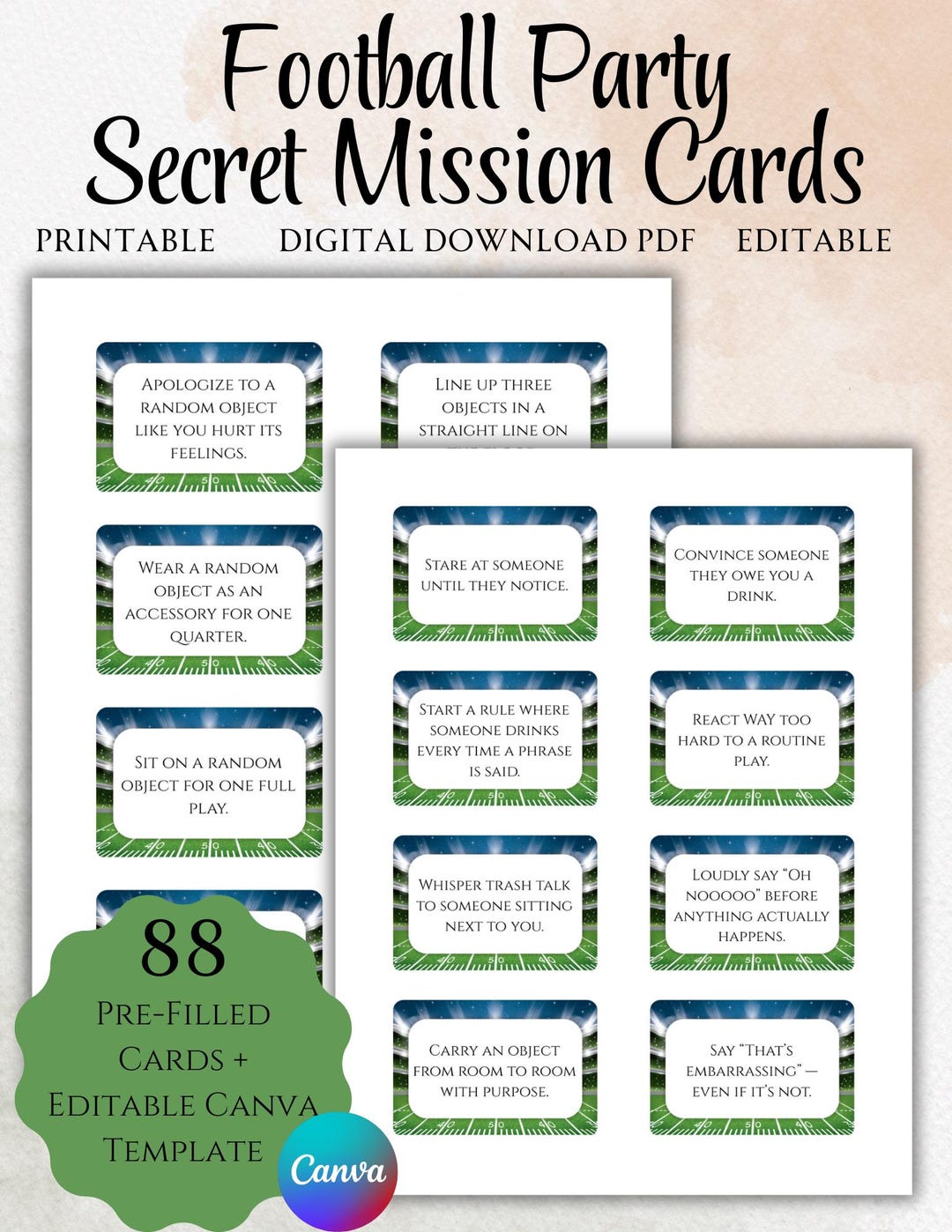 Football Party Secret Mission Game Cards | Party Activities for Adults ...