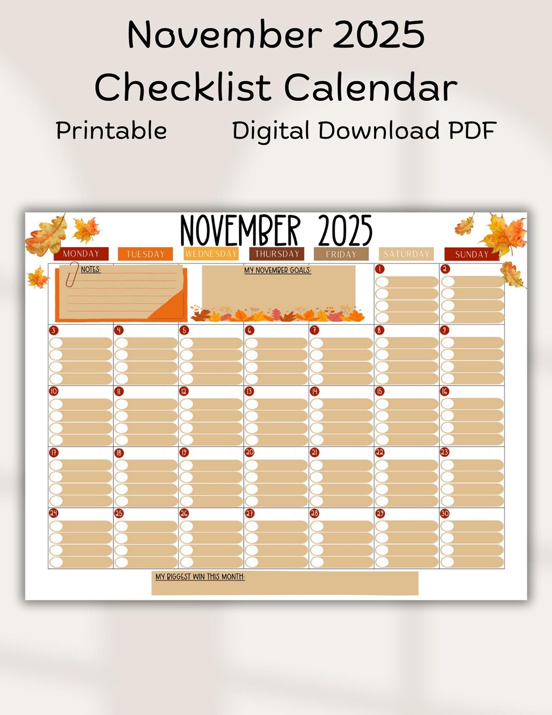 November Goal Calendar Printable | Daily Goal Planner | Monthly ...