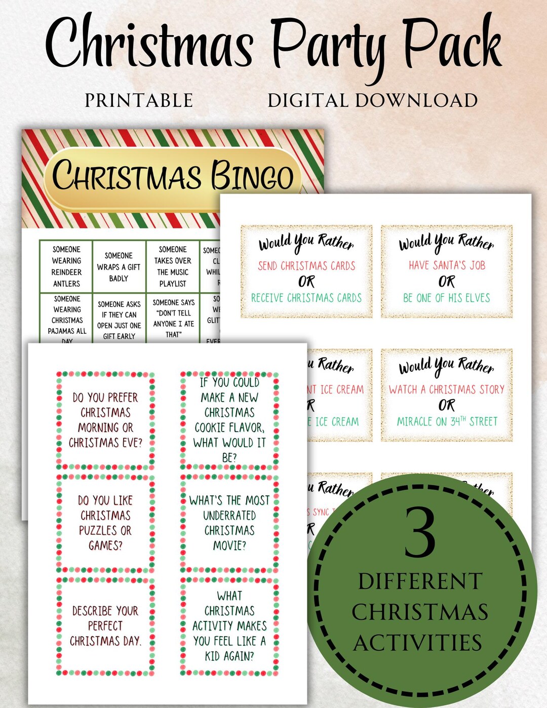 Christmas Party Pack Printable Games | Christmas Bingo, Would You ...